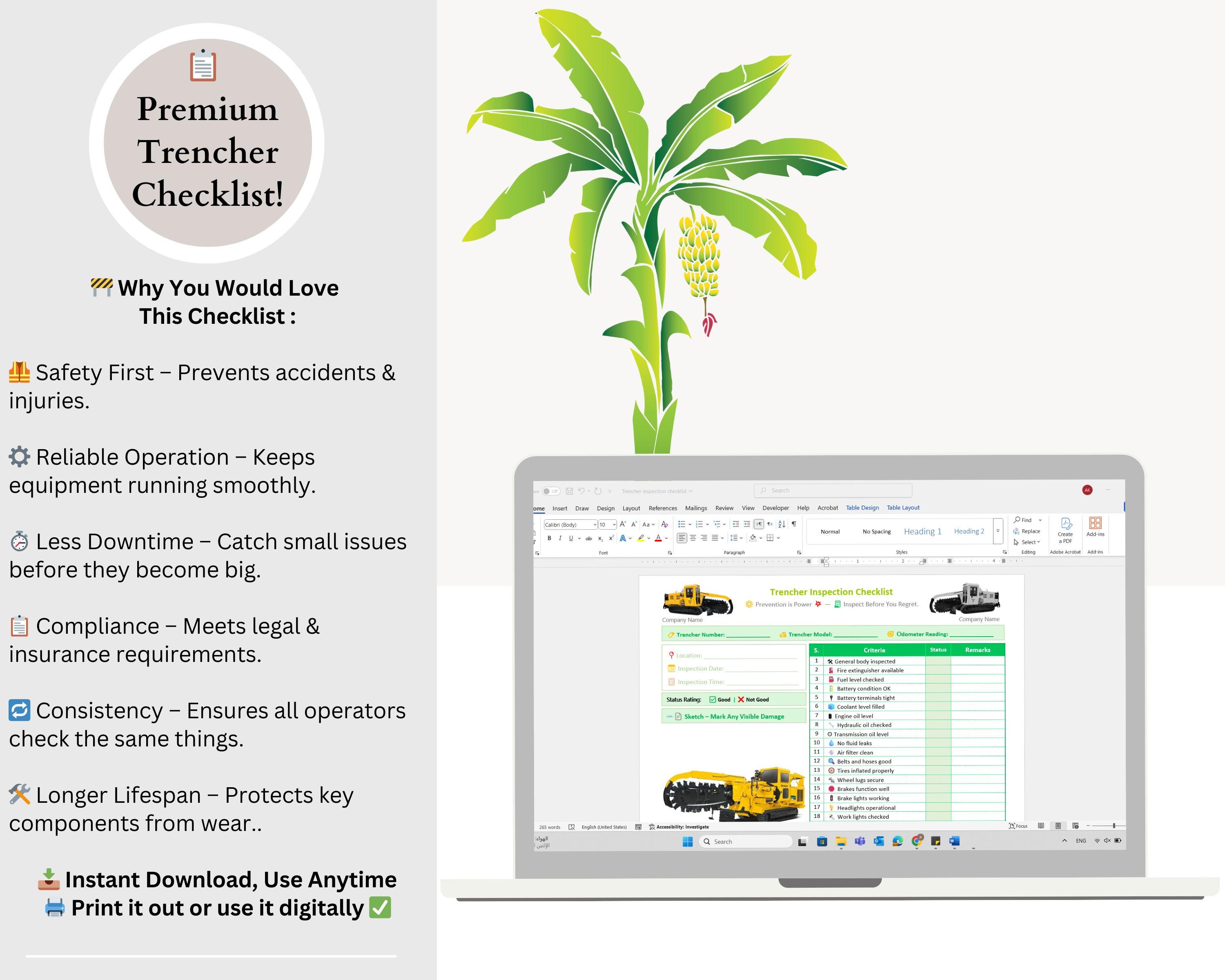 Trencher Inspection Checklist - Heavy Machinery - Trencher Machine ...