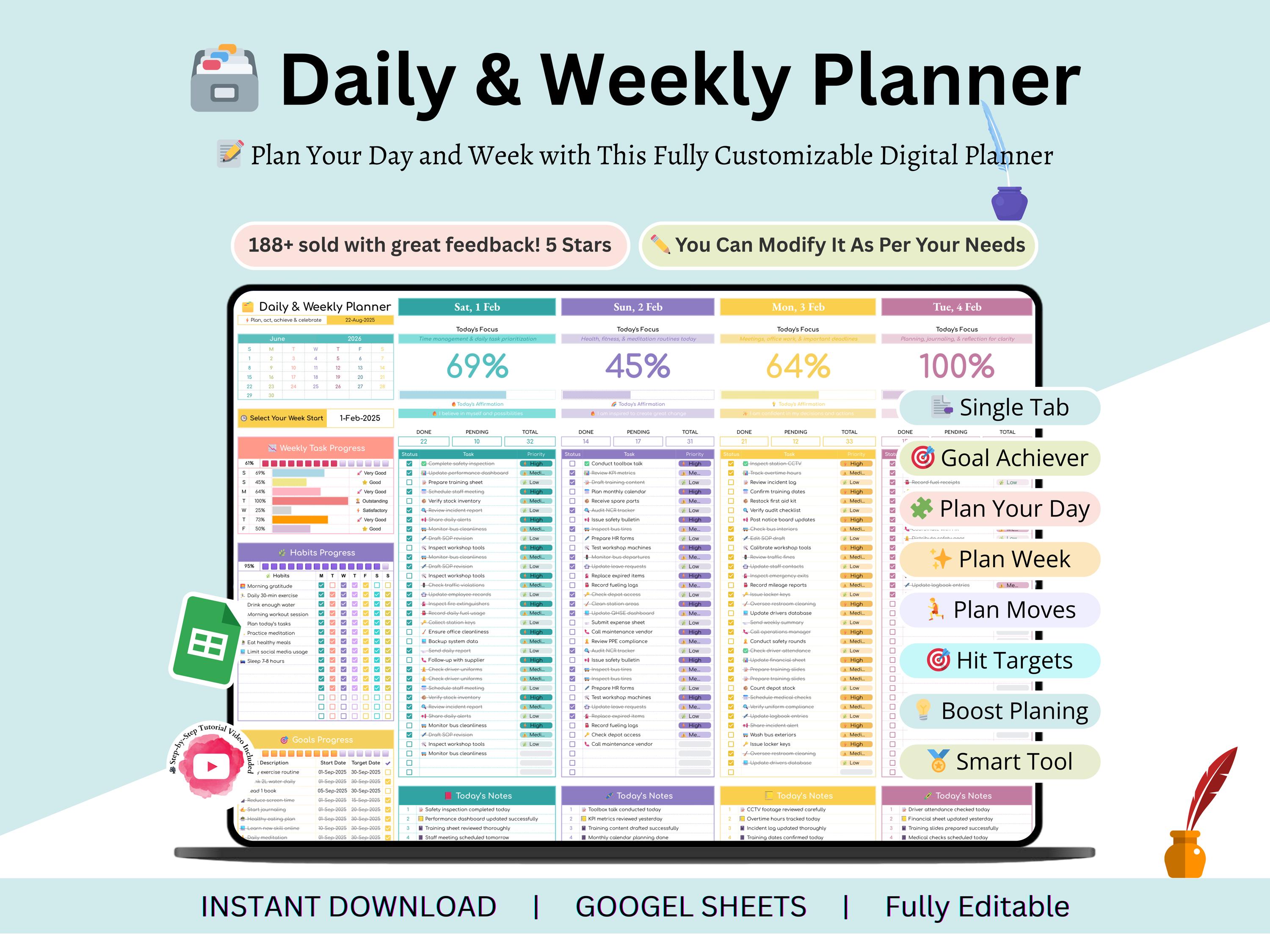 Daily Planner Google Sheets - Weekly Planner Digital Planner - Daily ...