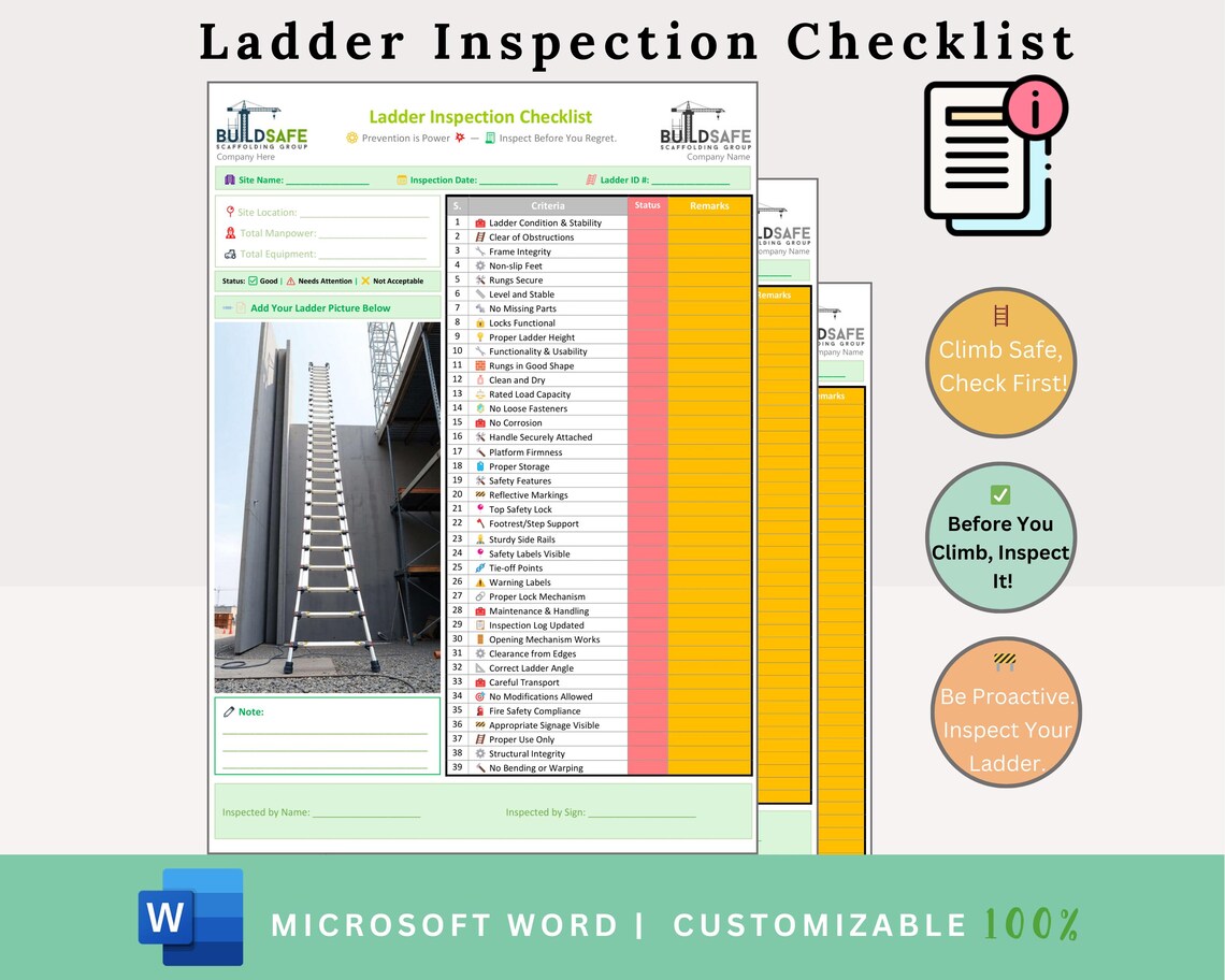 Ladders Inspection Checklist - Ladder Inspection Form - Ladder Safety ...