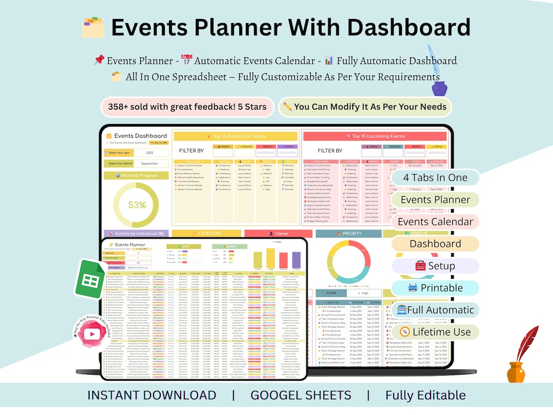 Events Planner - Events Calendar - Events Calendar Google Sheets - Event Planning Spreadsheet ...