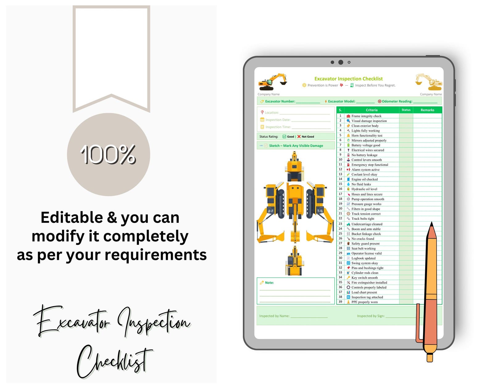 Excavator Inspection Checklist - Excavator Operator - Excavator ...