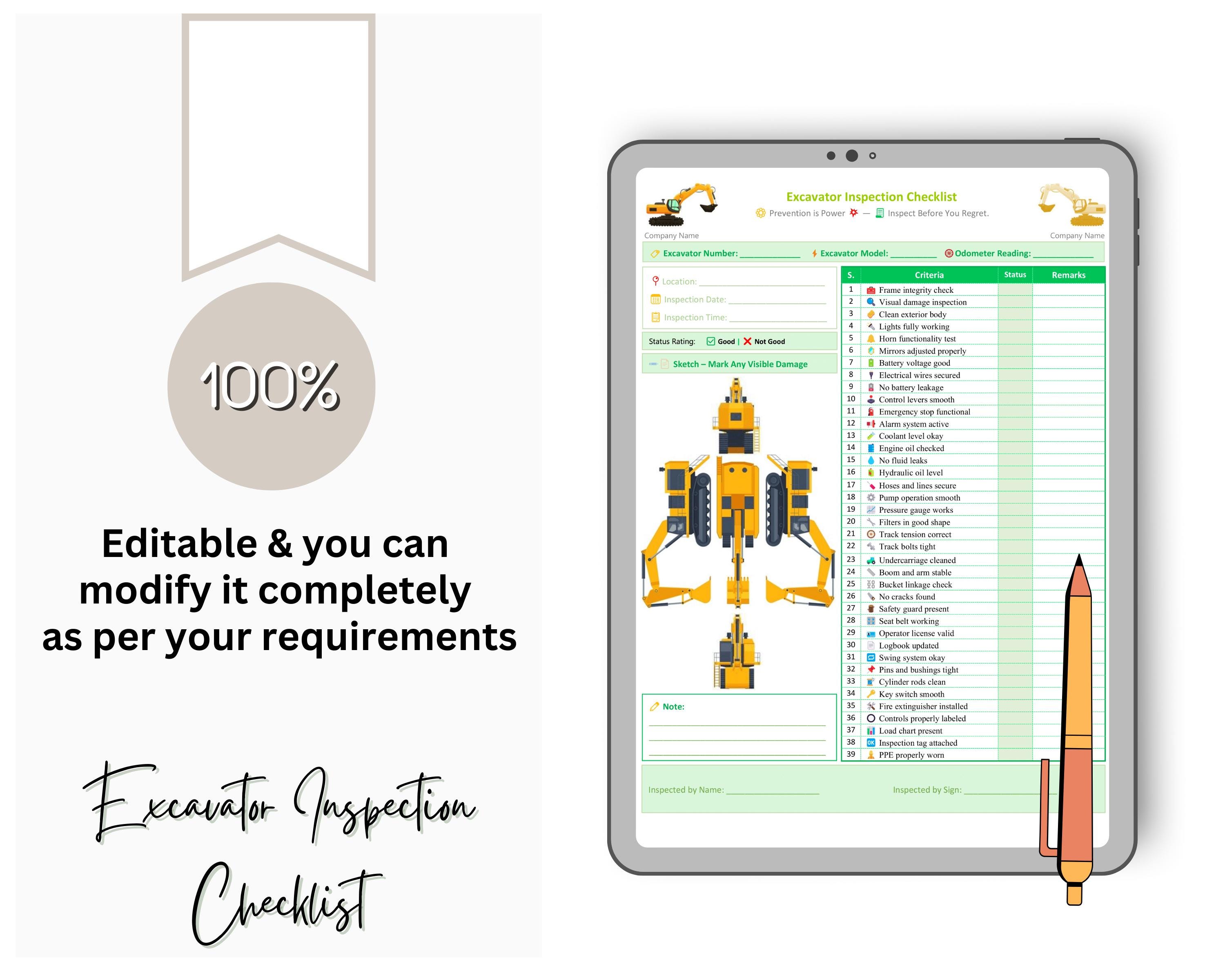 Excavator Inspection Checklist - Excavator Operator - Excavator ...