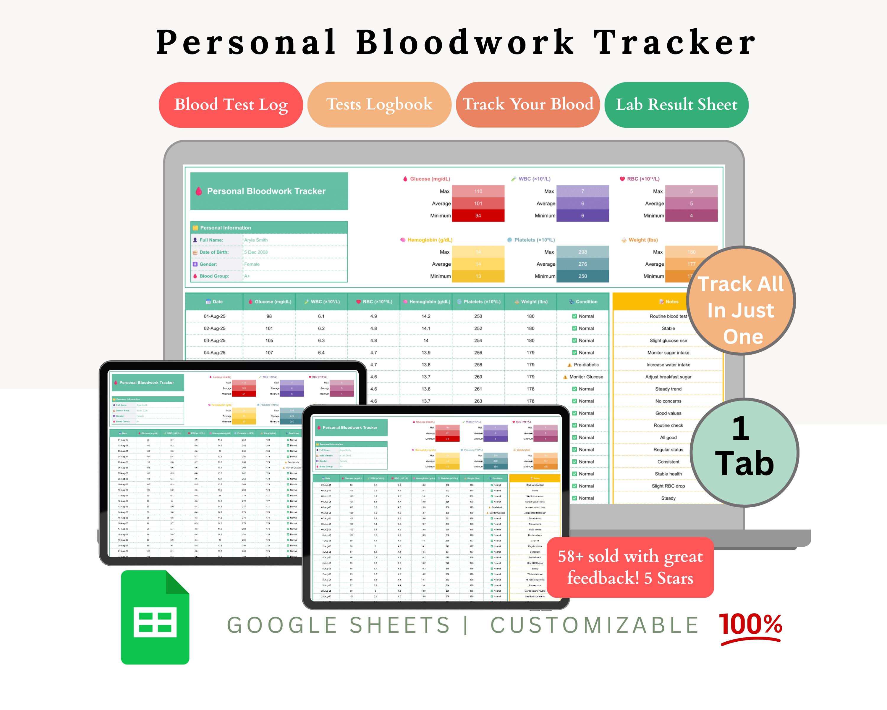 Blood Work Tracker - Chronic Illness - Blood Test Sheet - Blood Test ...