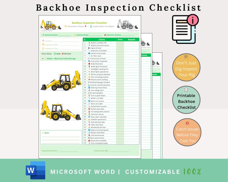Backhoe Inspection Checklist - Loader Machine - Equipment Inspection ...