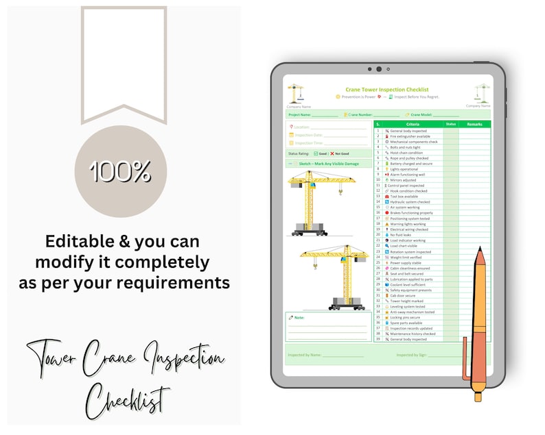 Crane Tower Inspection Checklist - Crane Checklist - Crane Safety Checklist - Daily Crane ...