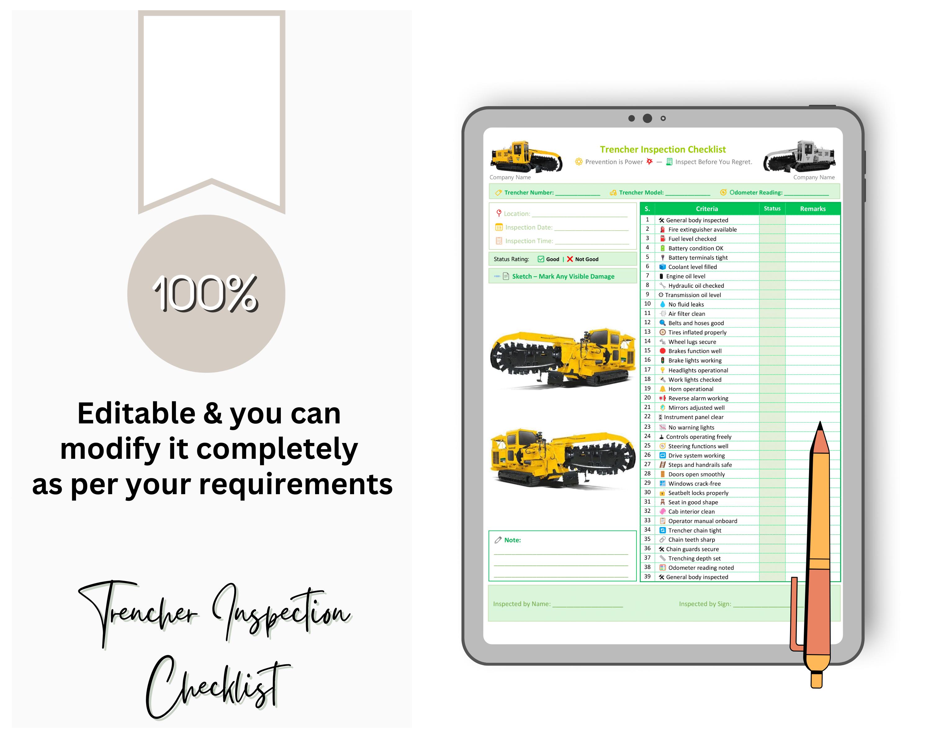 Trencher Inspection Checklist - Heavy Machinery - Trencher Machine ...