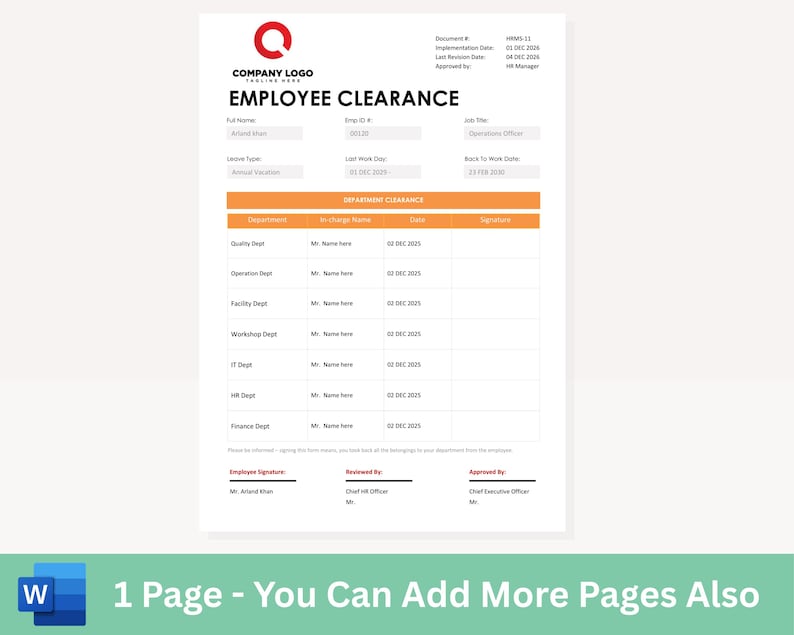 Employee Exit Clearance Form - Employee Clearance Form - Human ...
