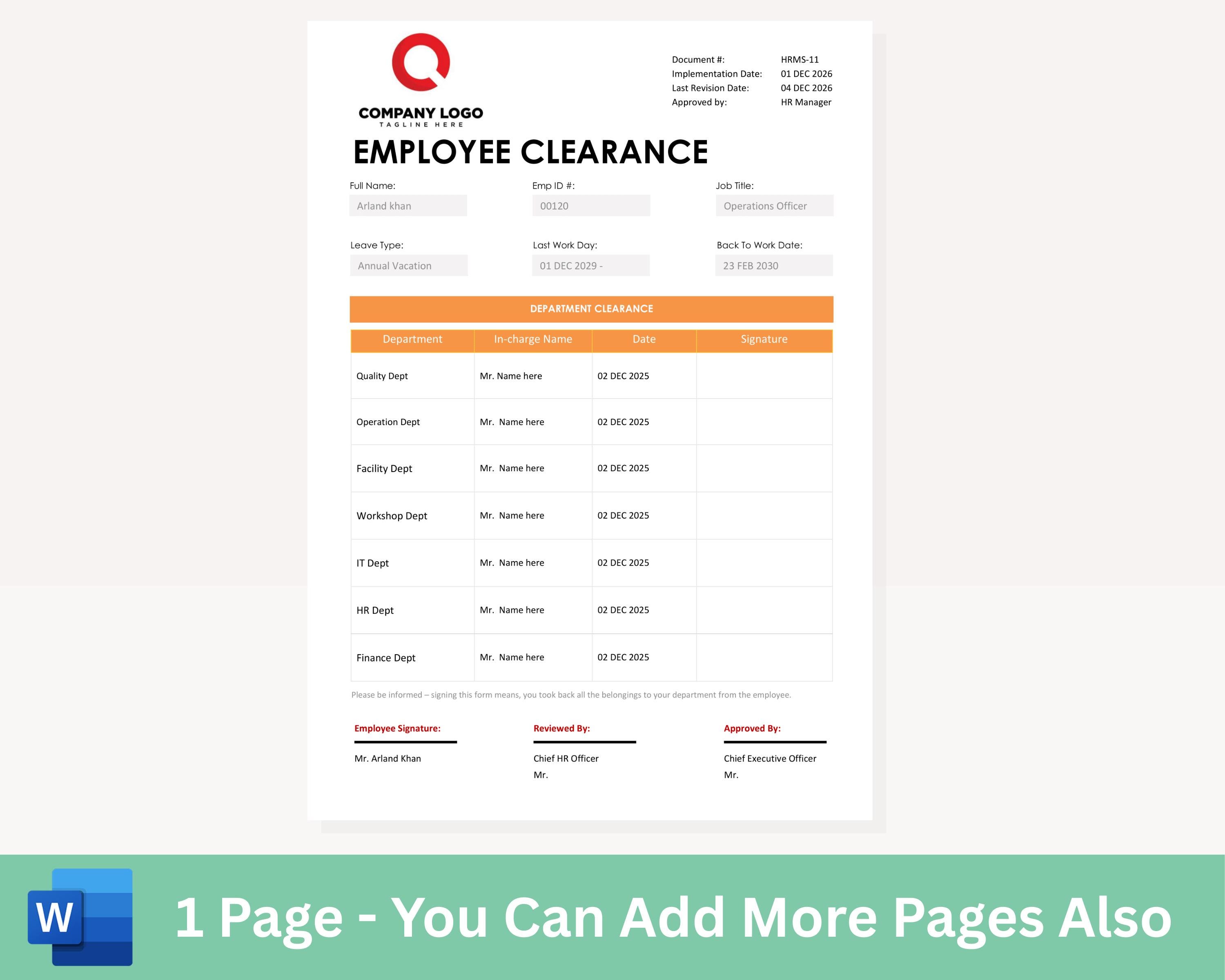 Employee Exit Clearance Form - Employee Clearance Form - Human ...