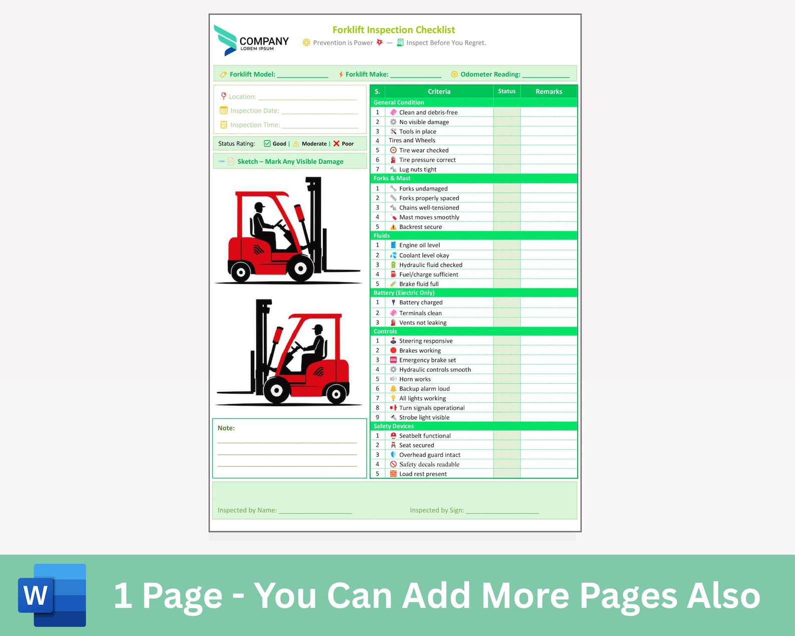 Forklift Inspection Checklist - Forklift Checklist - Forklift Safety ...