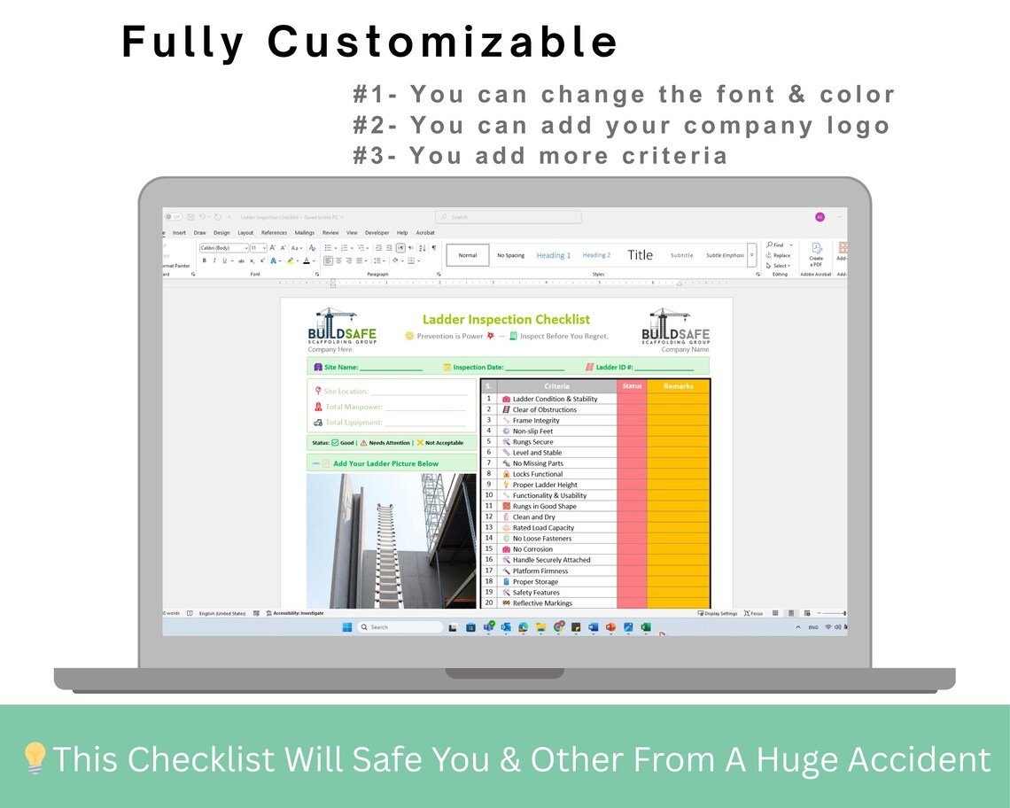 Ladders Inspection Checklist - Ladder Inspection Form - Ladder Safety ...