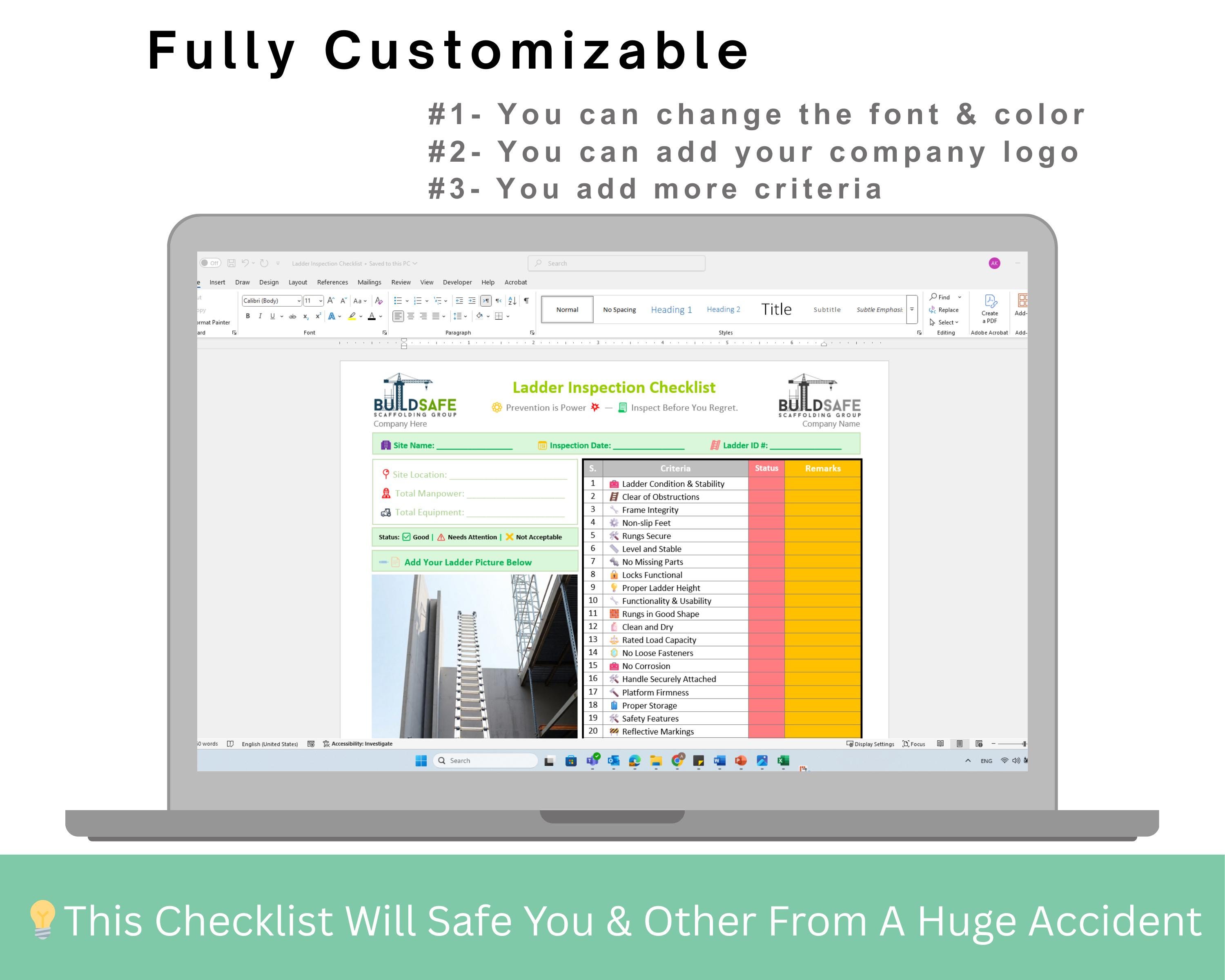 Ladders Inspection Checklist - Ladder Inspection Form - Ladder Safety ...