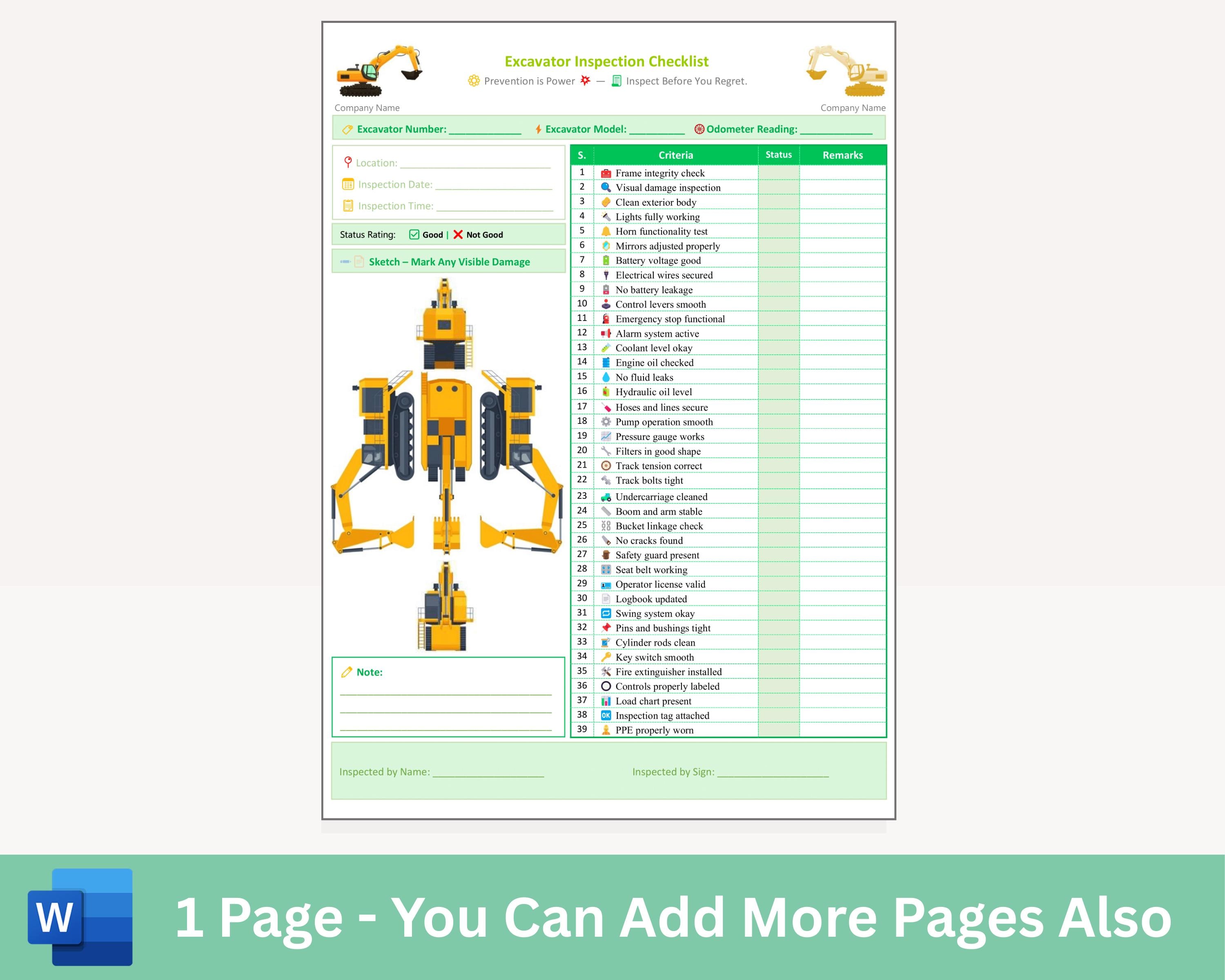 Excavator Inspection Checklist - Excavator Operator - Excavator ...