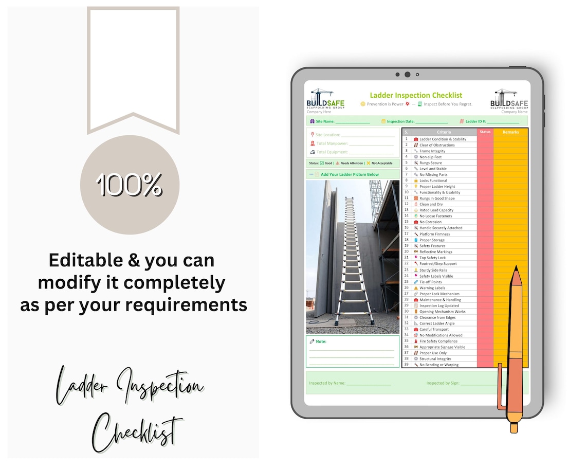 Ladders Inspection Checklist - Ladder Inspection Form - Ladder Safety ...