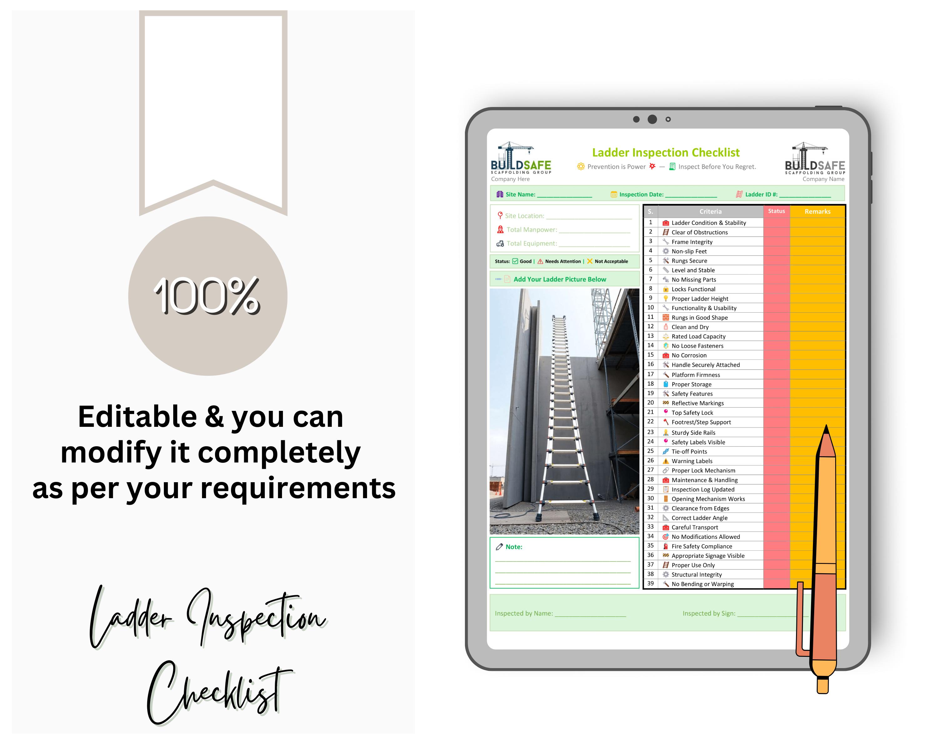 Ladders Inspection Checklist - Ladder Inspection Form - Ladder Safety ...