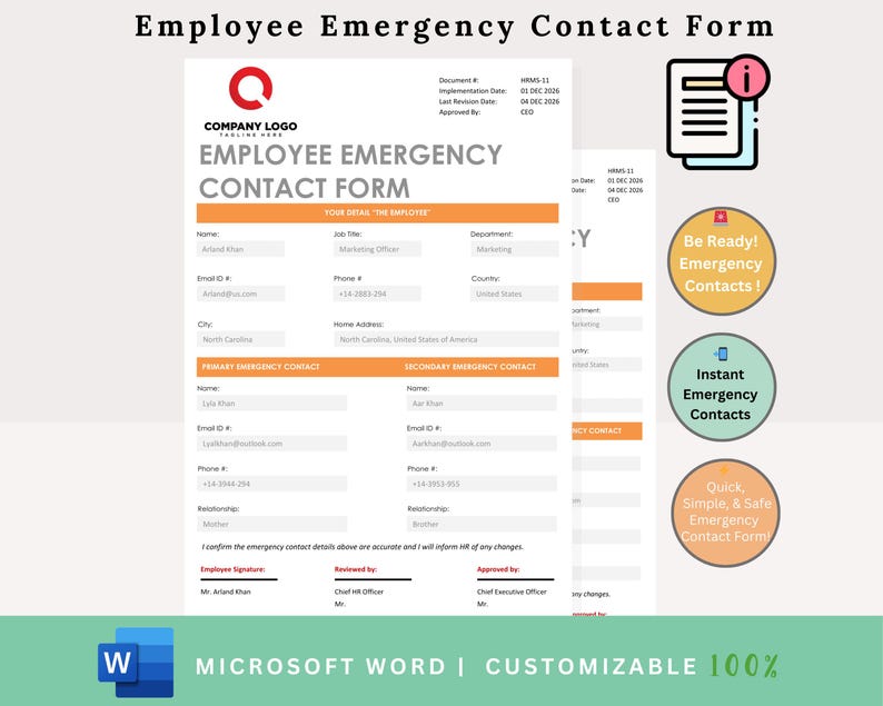 Employee Emergency Contacts Form - Emergency Info - Contact Form ...
