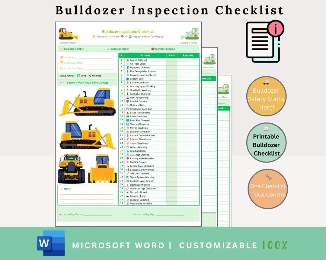 Bulldozer Inspection Checklist - Heavy Equipment Inspection Checklist ...