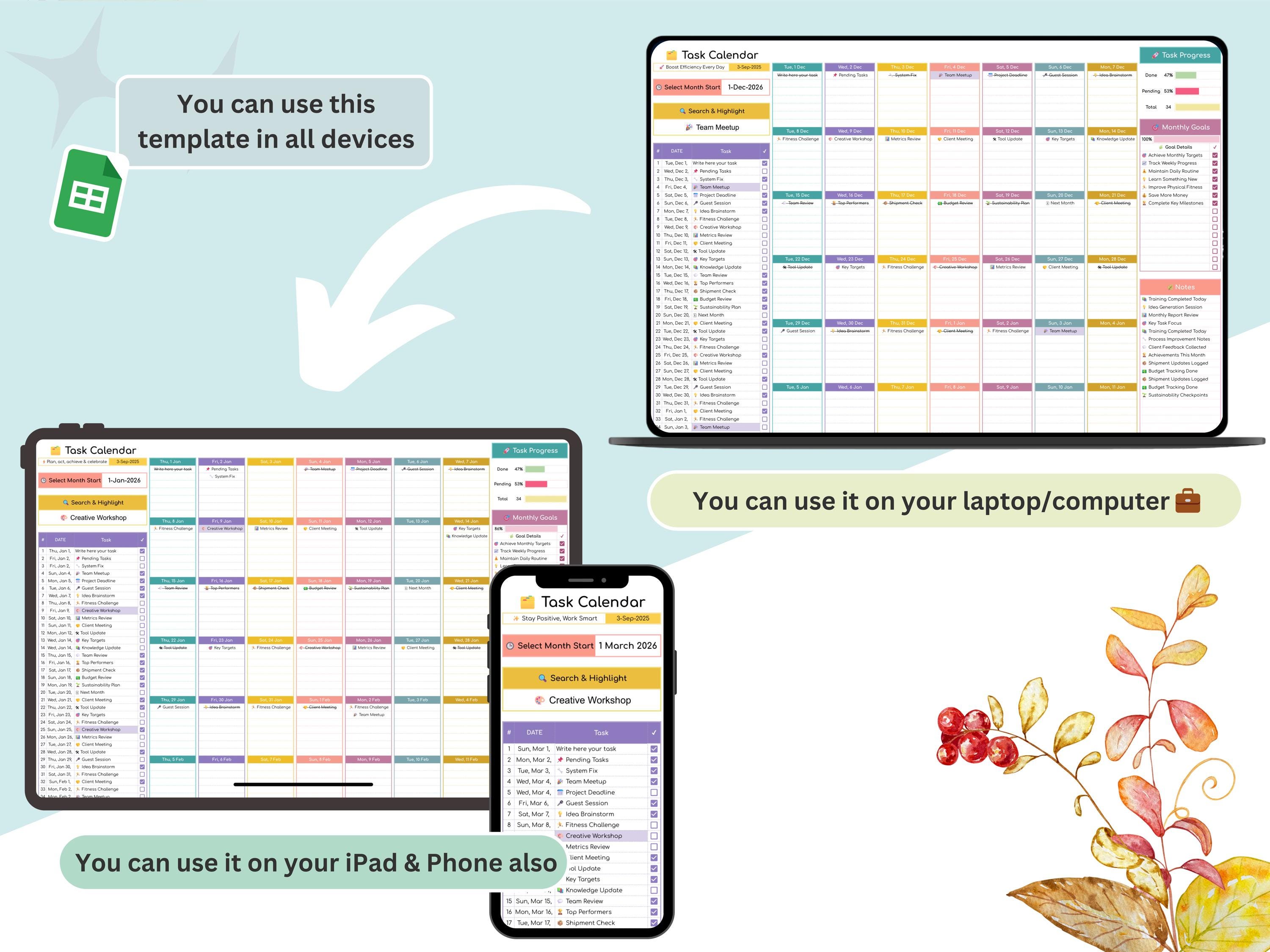 Task Calendar - Task Tracker and Calendar - Task Planner Google Sheets ...