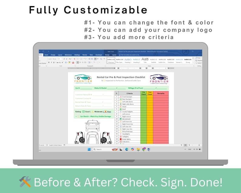 Rental Car Pre & Post Inspection Checklist Template - Rental Car ...