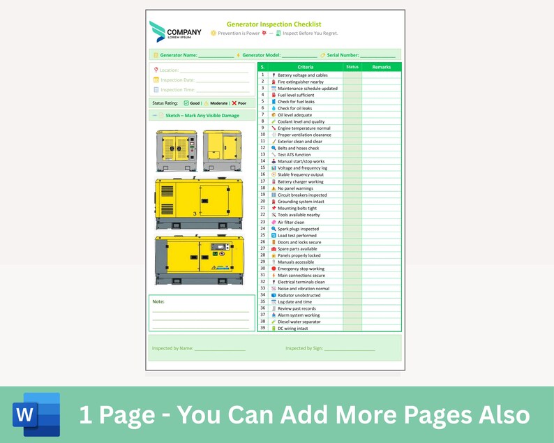 Generator Inspection Checklist - Generator Checklist - Power Generator ...