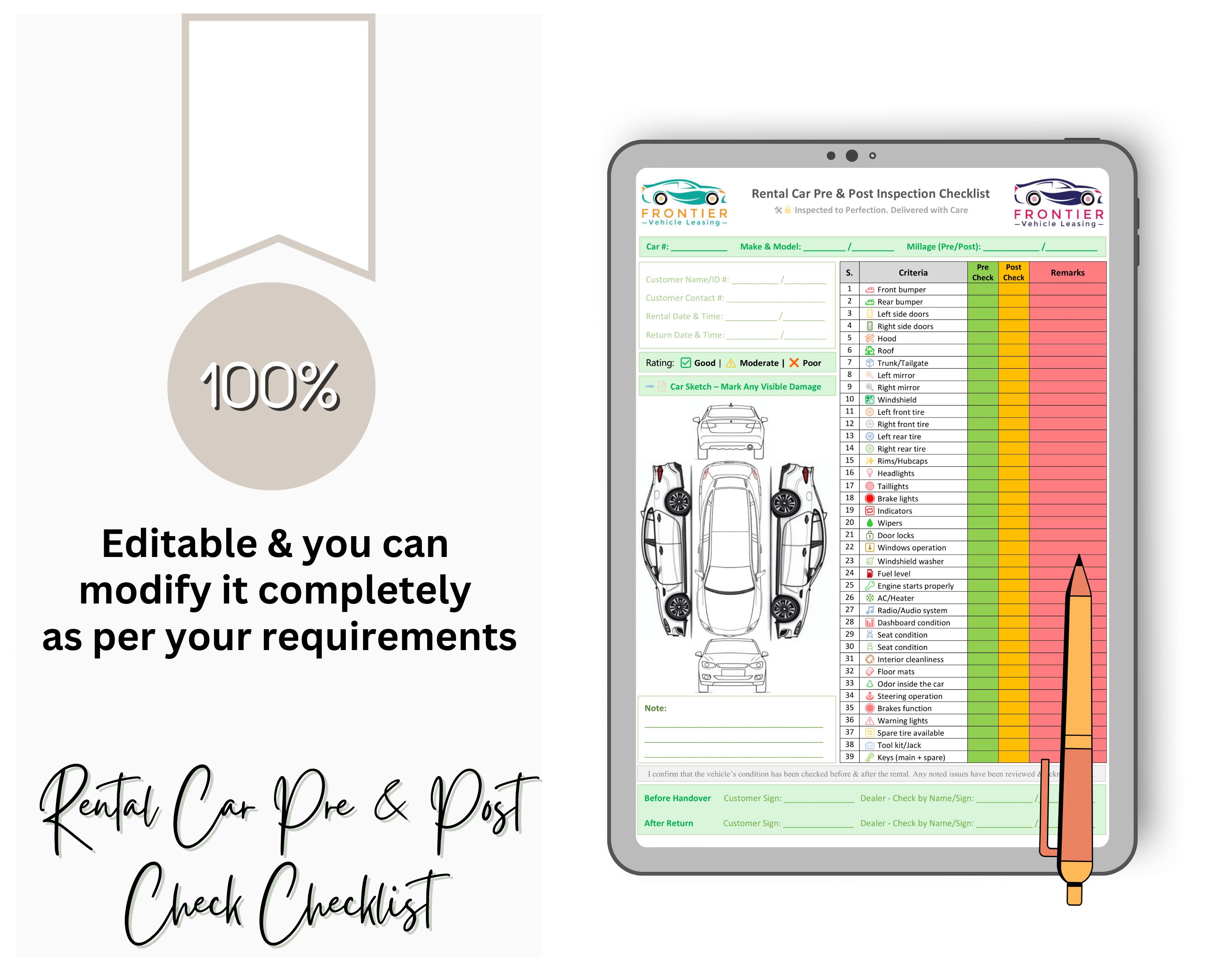 Rental Car Pre & Post Inspection Checklist Template - Rental Car ...