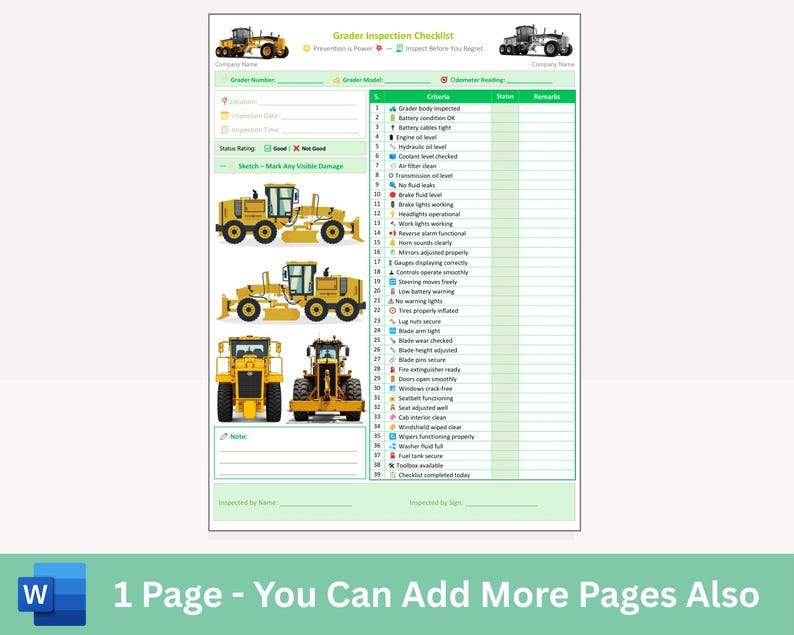Grader Inspection Checklist - Heavy Machinery - Heavy Equipment ...