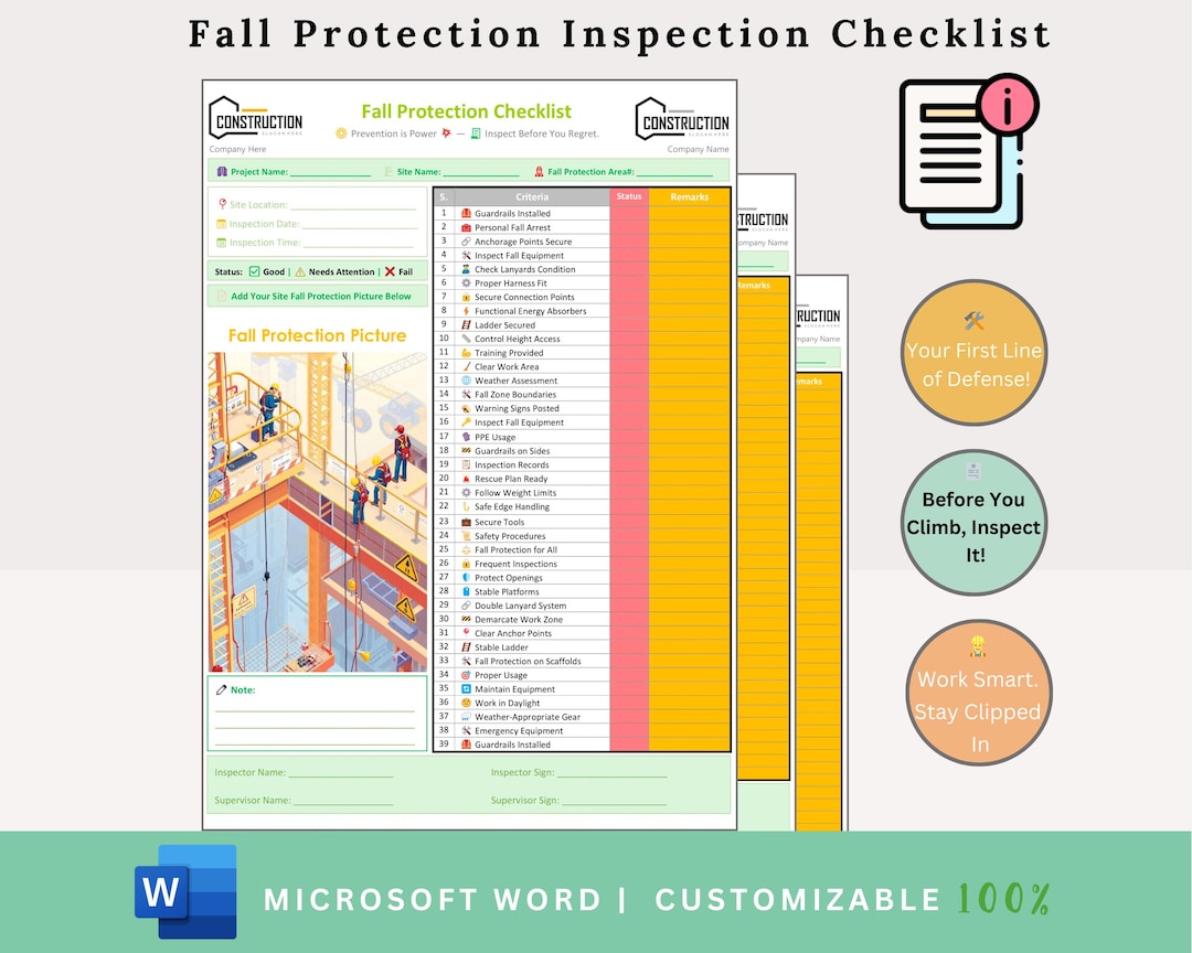 Fall Protection Inspection Checklist - Safety Checklist - Fall ...