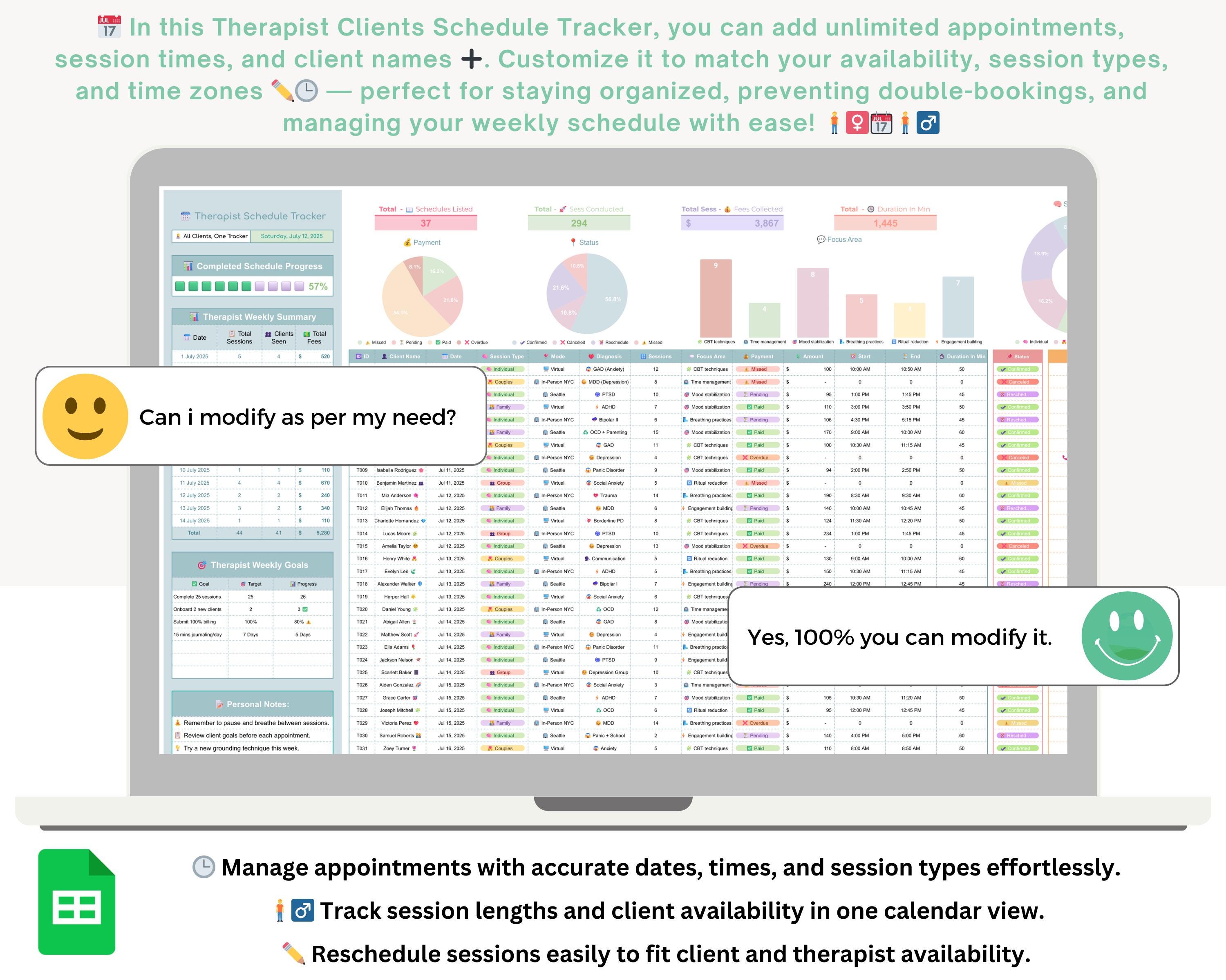 Therapist Client Tracker - Therapist Scheduler - Therapist Caseload ...