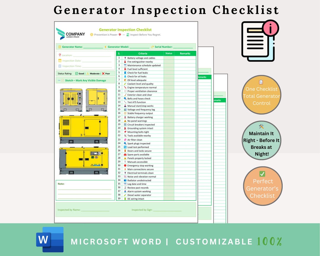 Generator Inspection Checklist - Generator Checklist - Power Generator Checklist - Generator ...