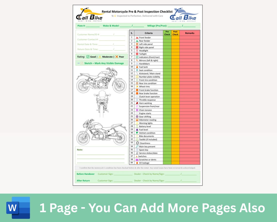 Rental Motorcycle Pre & Post Inspection Checklist Template - Motorcycle ...