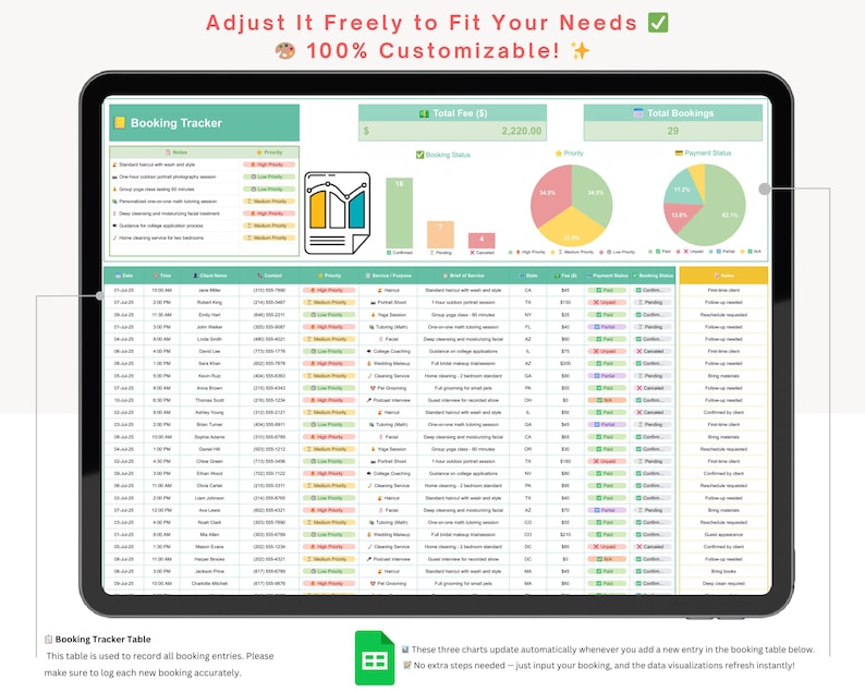 Booking Tracker- Booking Log- Booking Spreadsheet- Bookings Planner ...