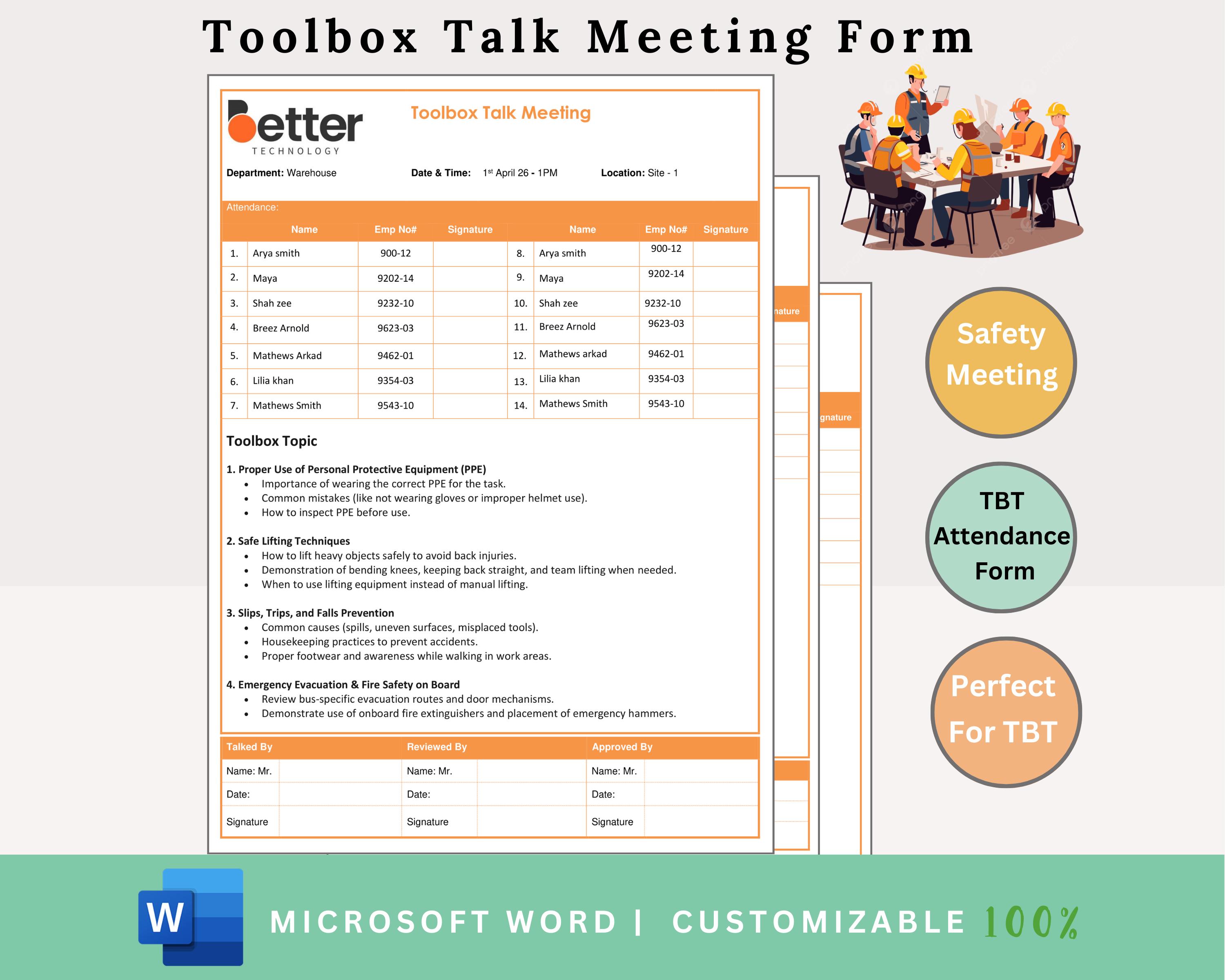 Toolbox Talk Form - Toolbox Talks - Safety Talk - Health and Safety ...