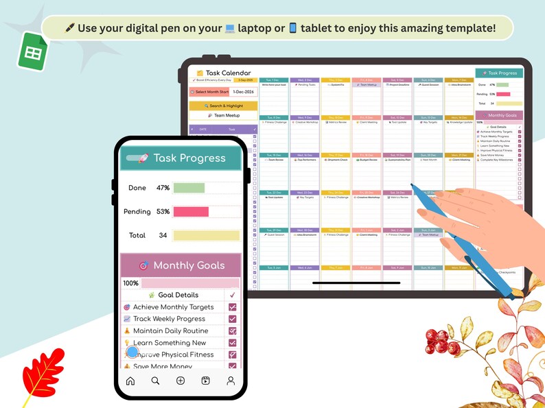Task Calendar - Task Tracker and Calendar - Task Planner Google Sheets ...
