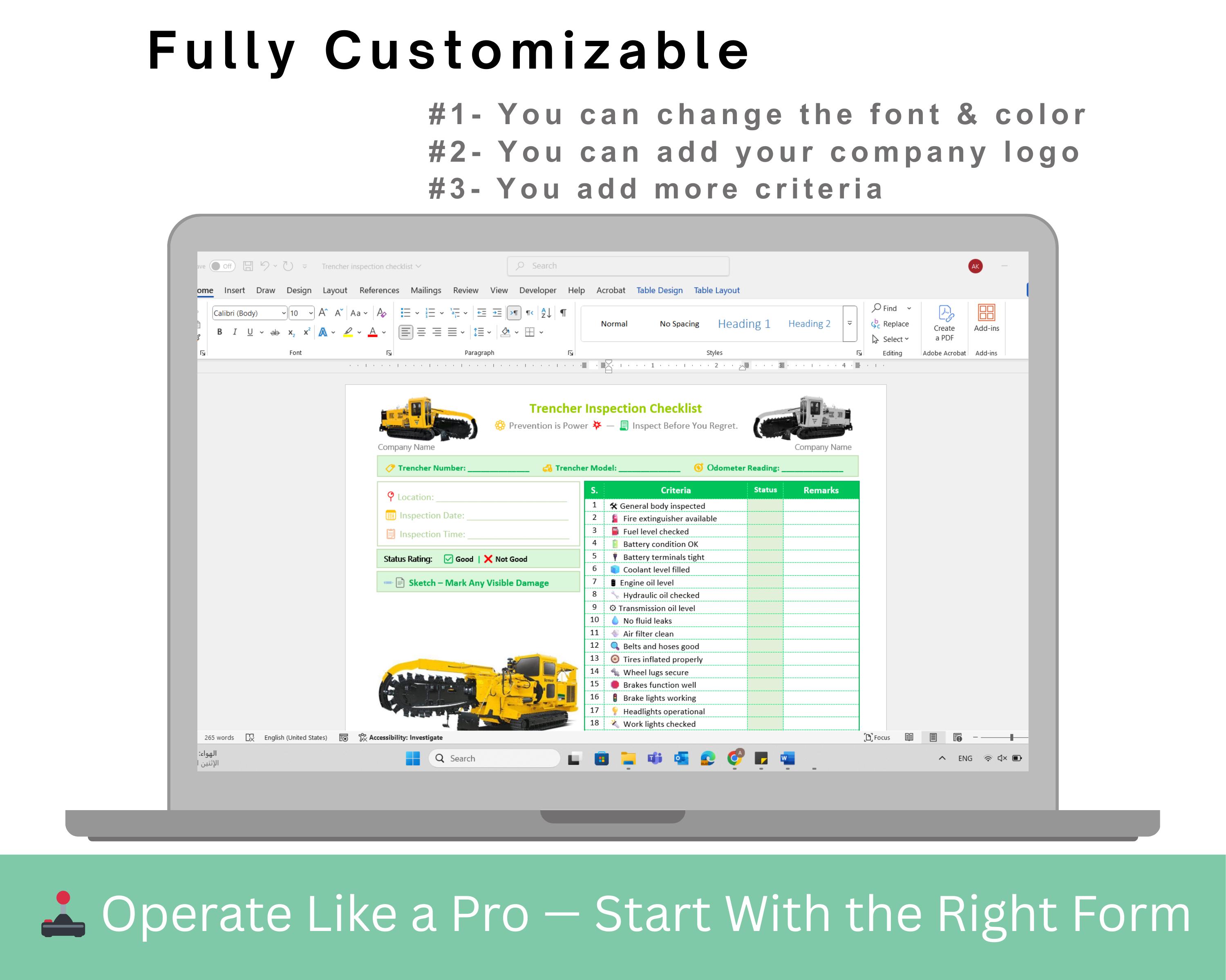 Trencher Inspection Checklist - Heavy Machinery - Trencher Machine ...