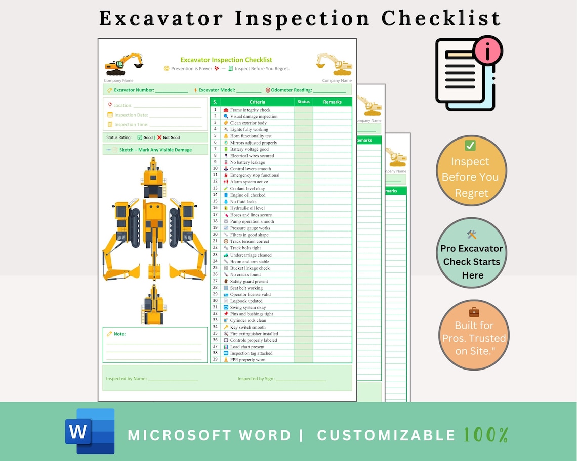 Excavator Inspection Checklist - Excavator Operator - Excavator ...