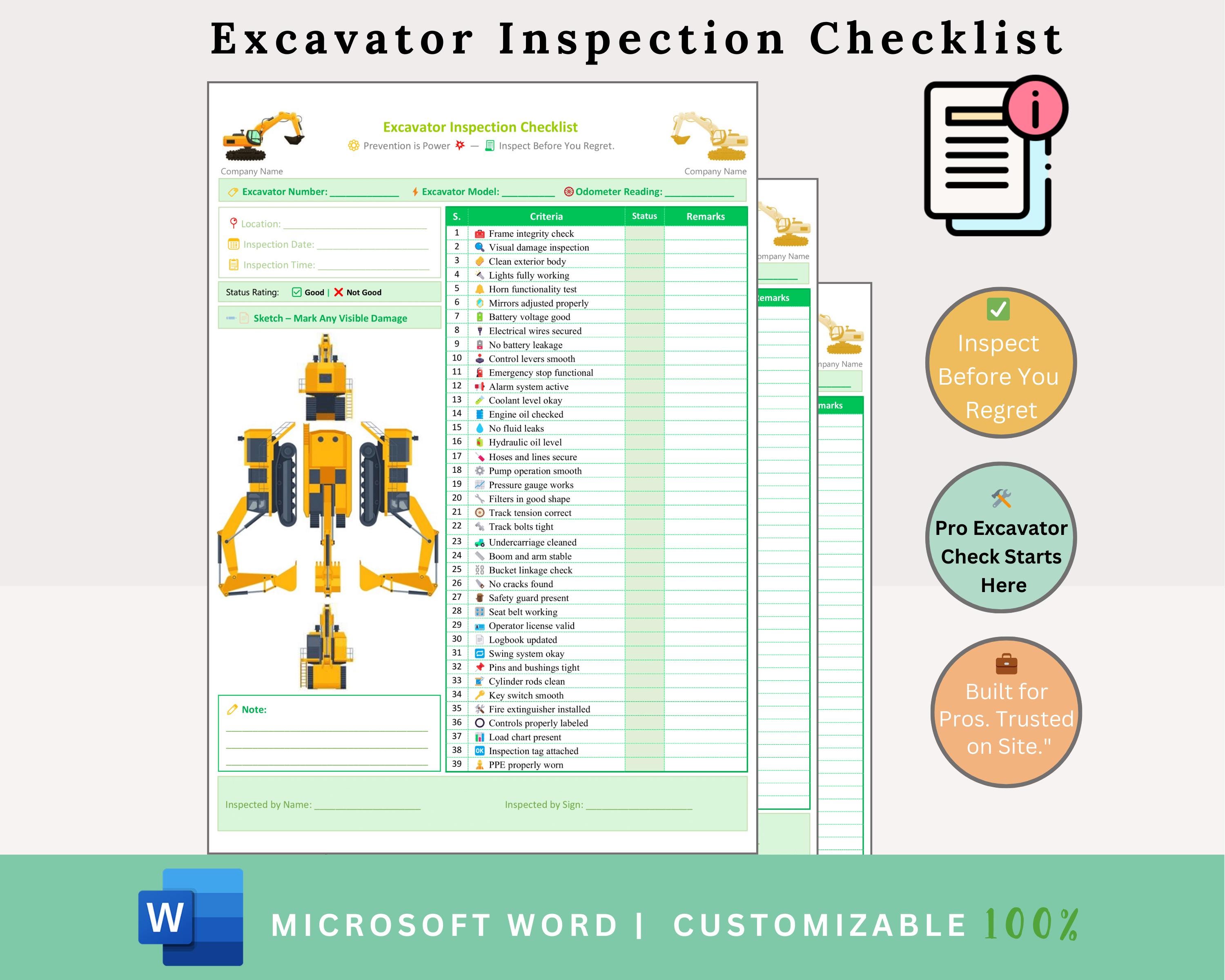 Excavator Inspection Checklist - Excavator Operator - Excavator ...