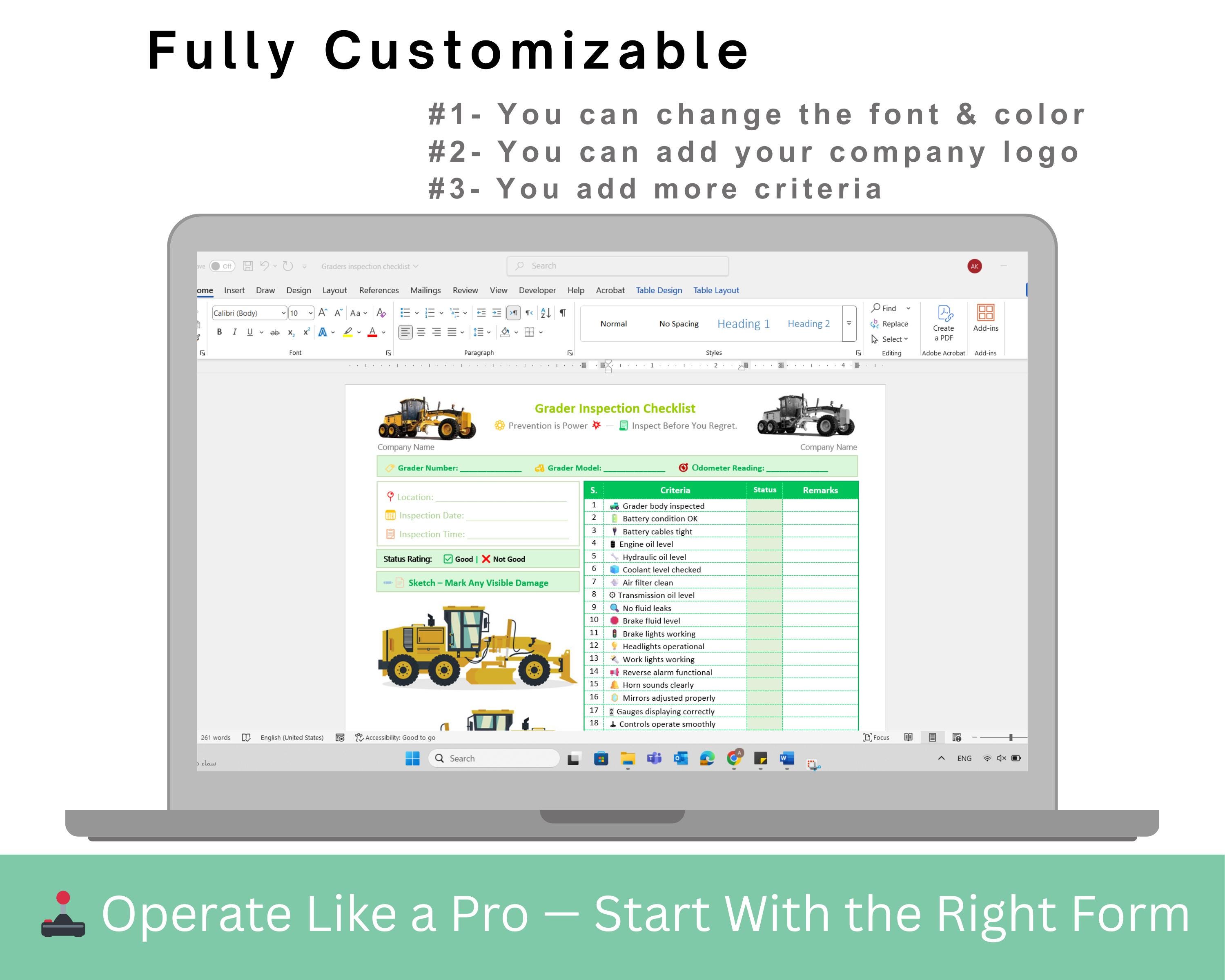 Grader Inspection Checklist - Heavy Machinery - Heavy Equipment ...