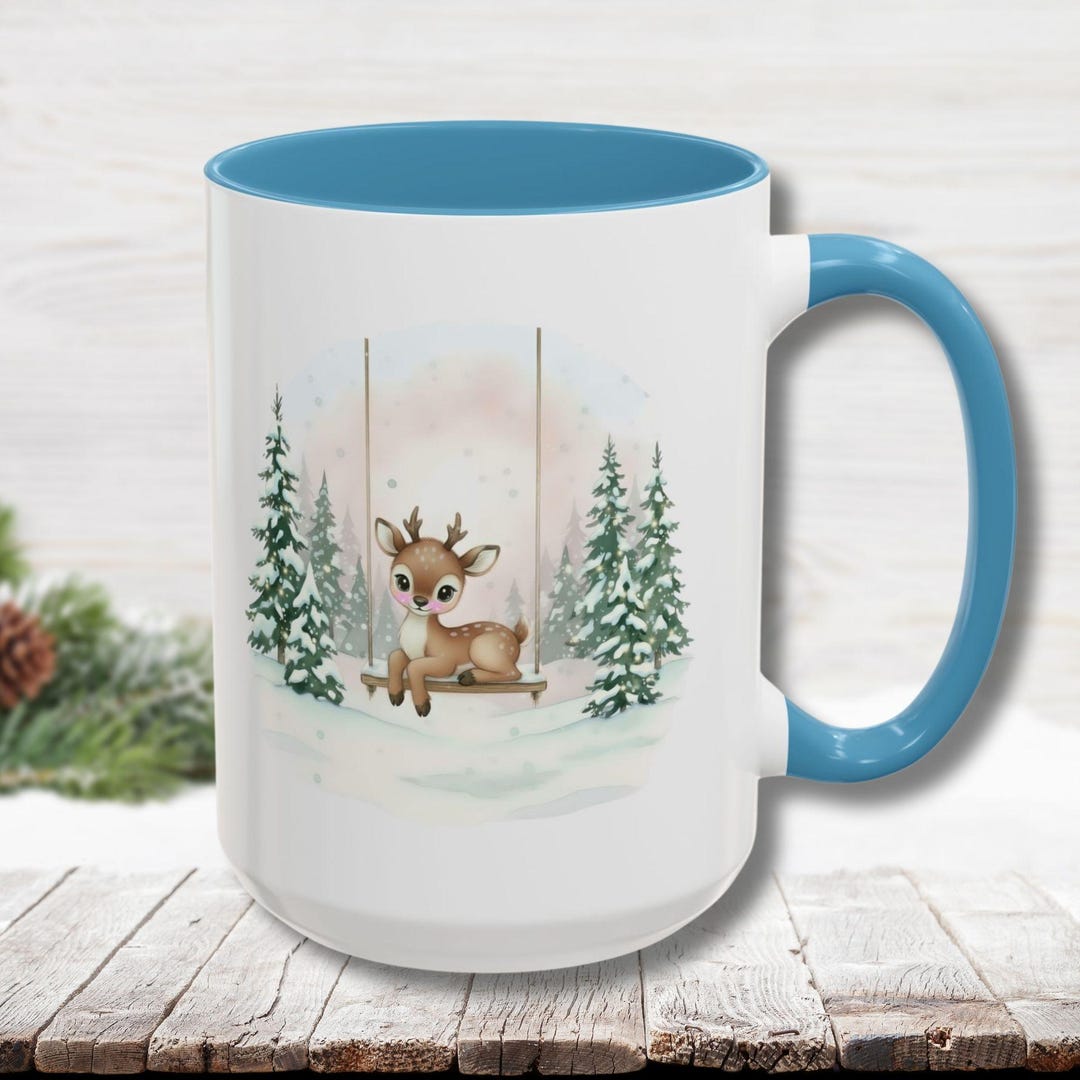 Baby Reindeer on Swing Mug, Winter Scene Coffee Cup, Holiday Stocking ...