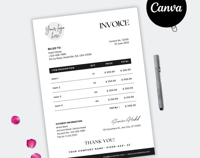 Editable and Printable Simple Minimalist Business Invoice - Etsy Canada