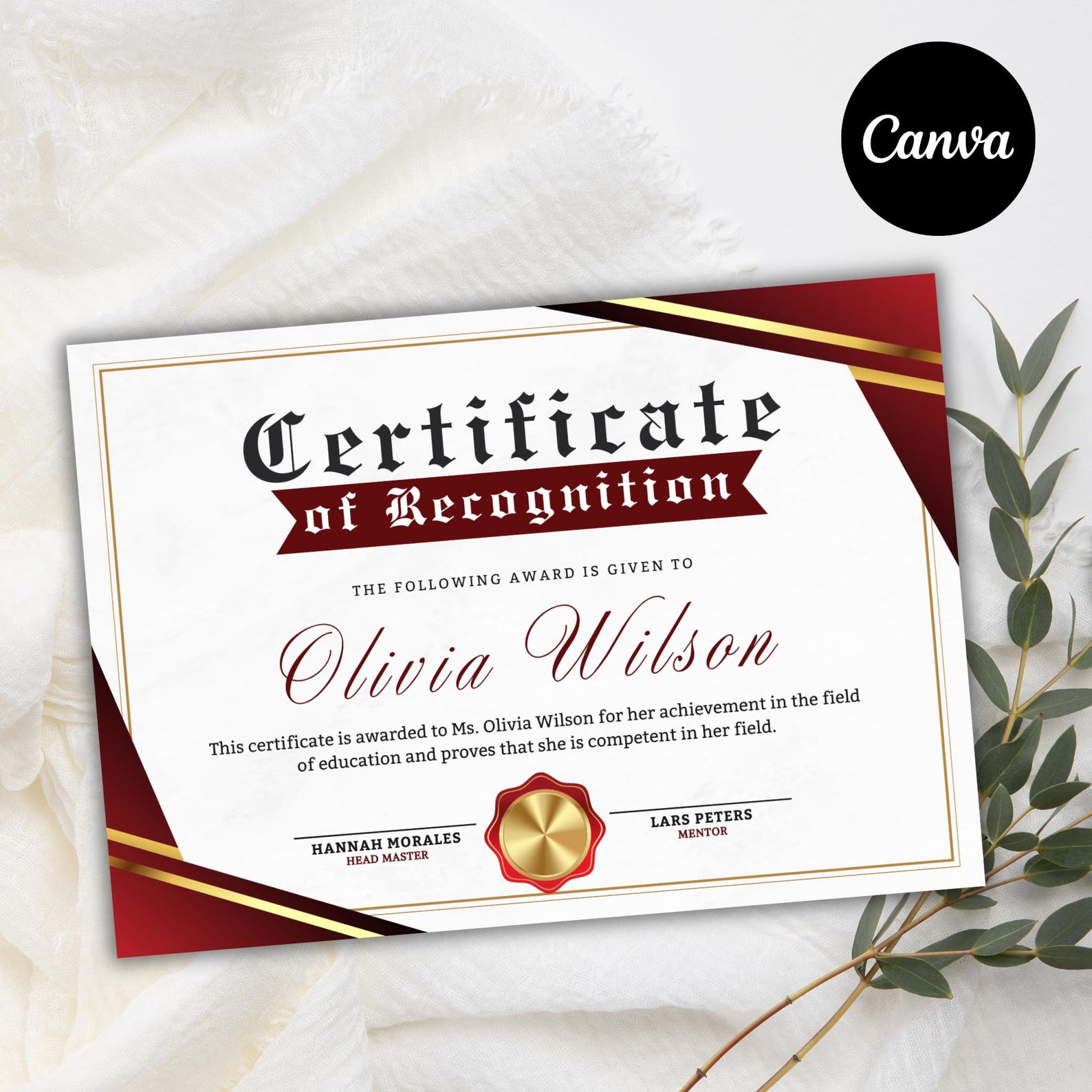 Editable Recognition Certificate Template: Printable Employee Award ...