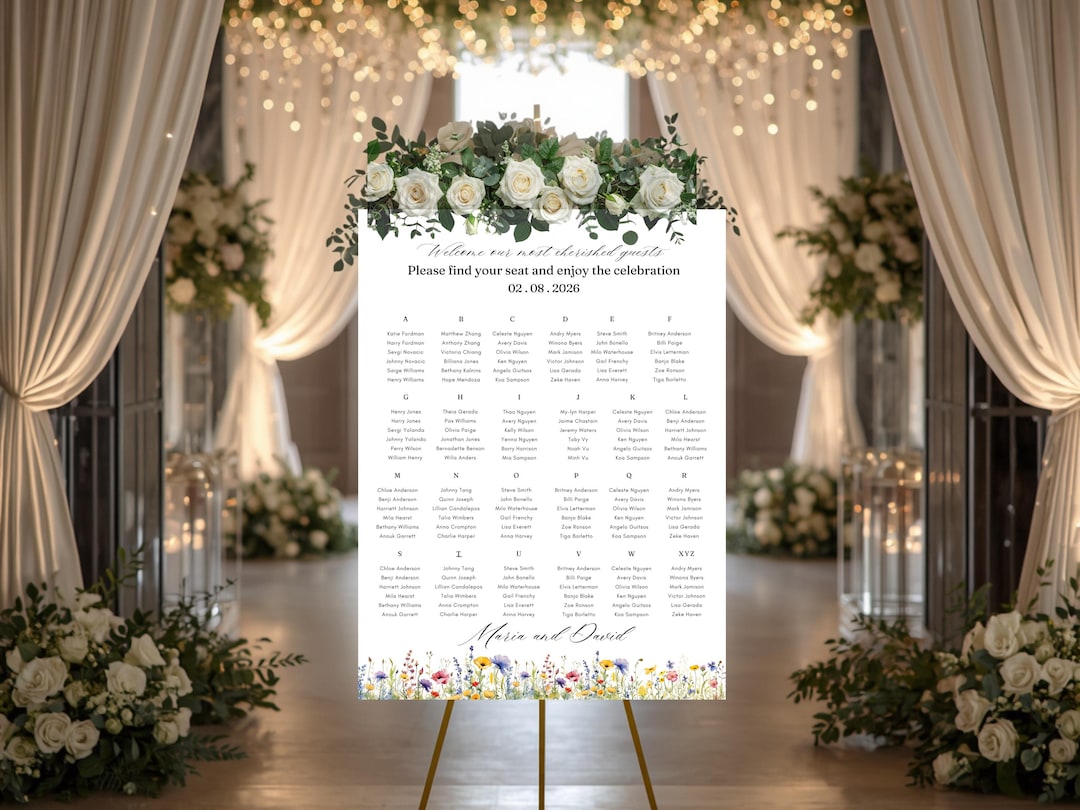 Floral Wedding Seating Chart Template – A-Z Alphabetical Layout ...