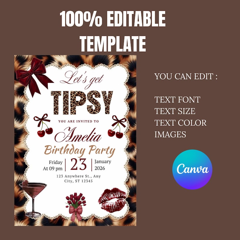 Let's Get Tipsy Birthday Invitation | Leopard Cheetah Glam Party ...