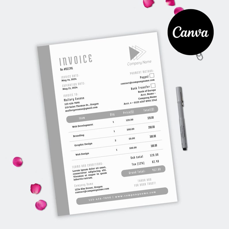 Invoice Template | Editable Canva Design | Modern Company Billing Form ...