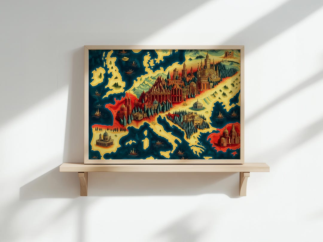 Fantasy Map of Europe Print, Spain-inspired Medieval Poster Art in Red ...