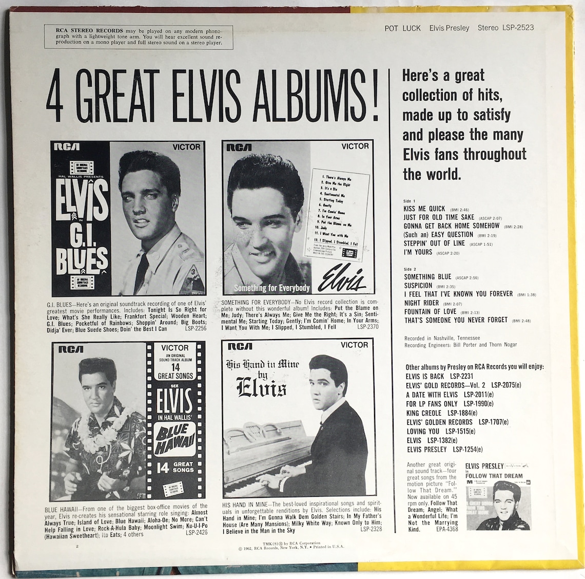 ELVIS Pot Luck Lp 1962 ELVIS PRESLEY Original Vintage Vinyl Record ...