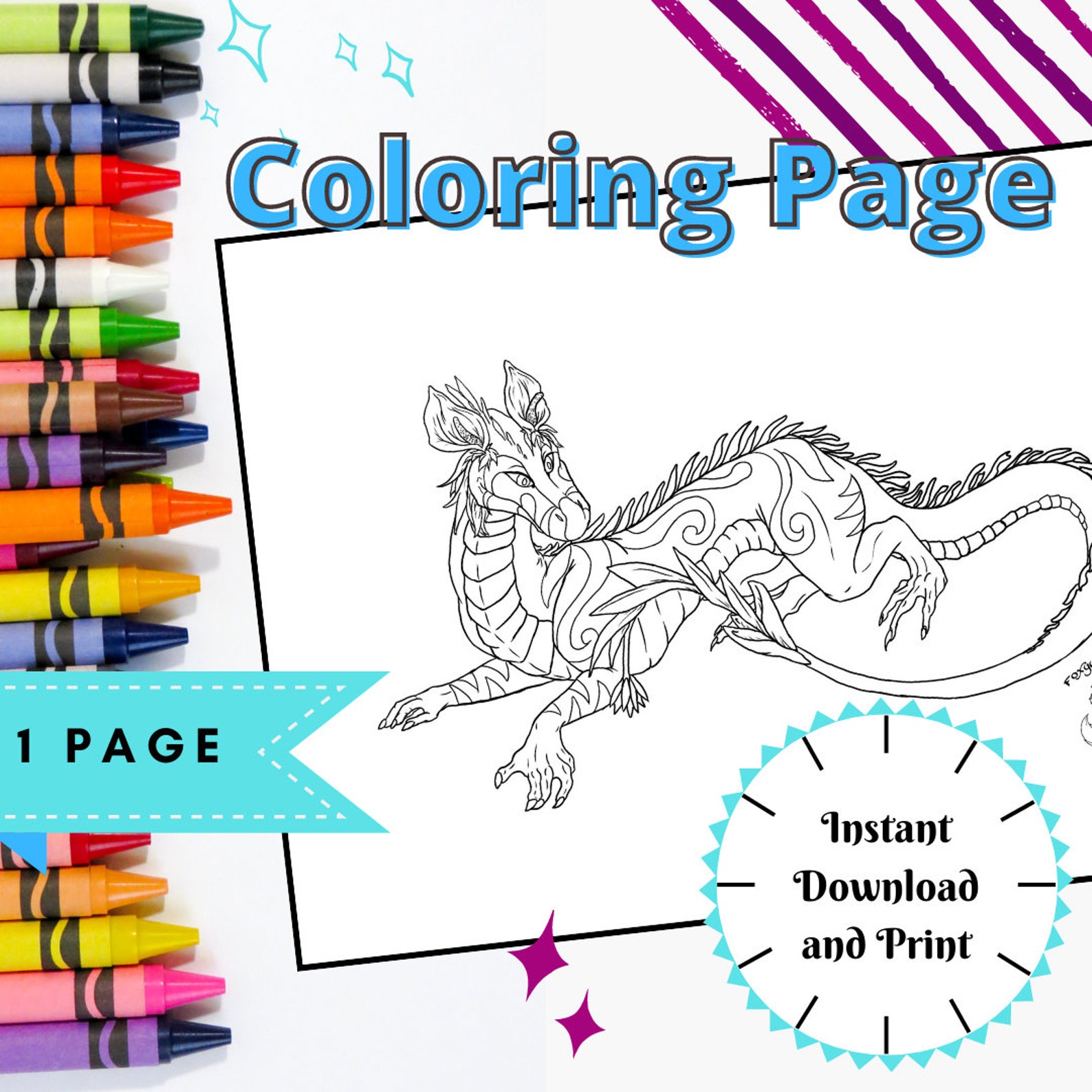 Flower Dragon, Coloring Page Download, Dragon Line Art - Etsy