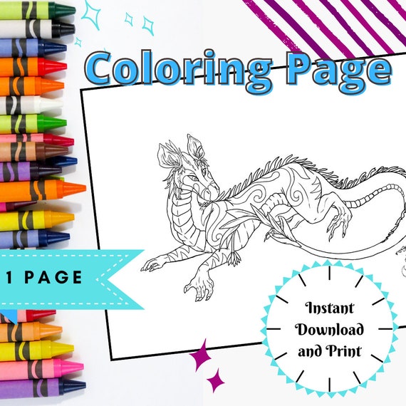 Flower Dragon Coloring Page Download Dragon Line Art - Etsy
