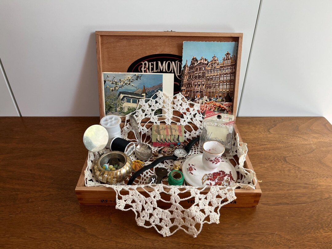 Classy Gran Vignette – Cigar Box With Teacup, Lace, Postcards, Sewing ...