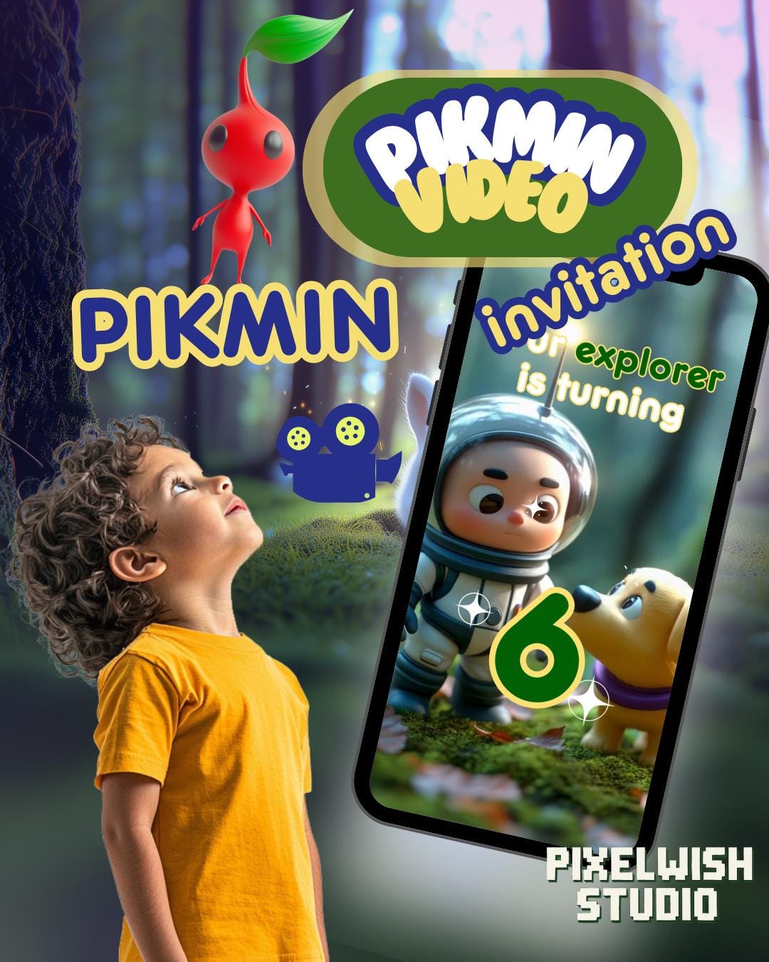 Pikmin Style Video Birthday Invitation - Cartoon Character Theme ...