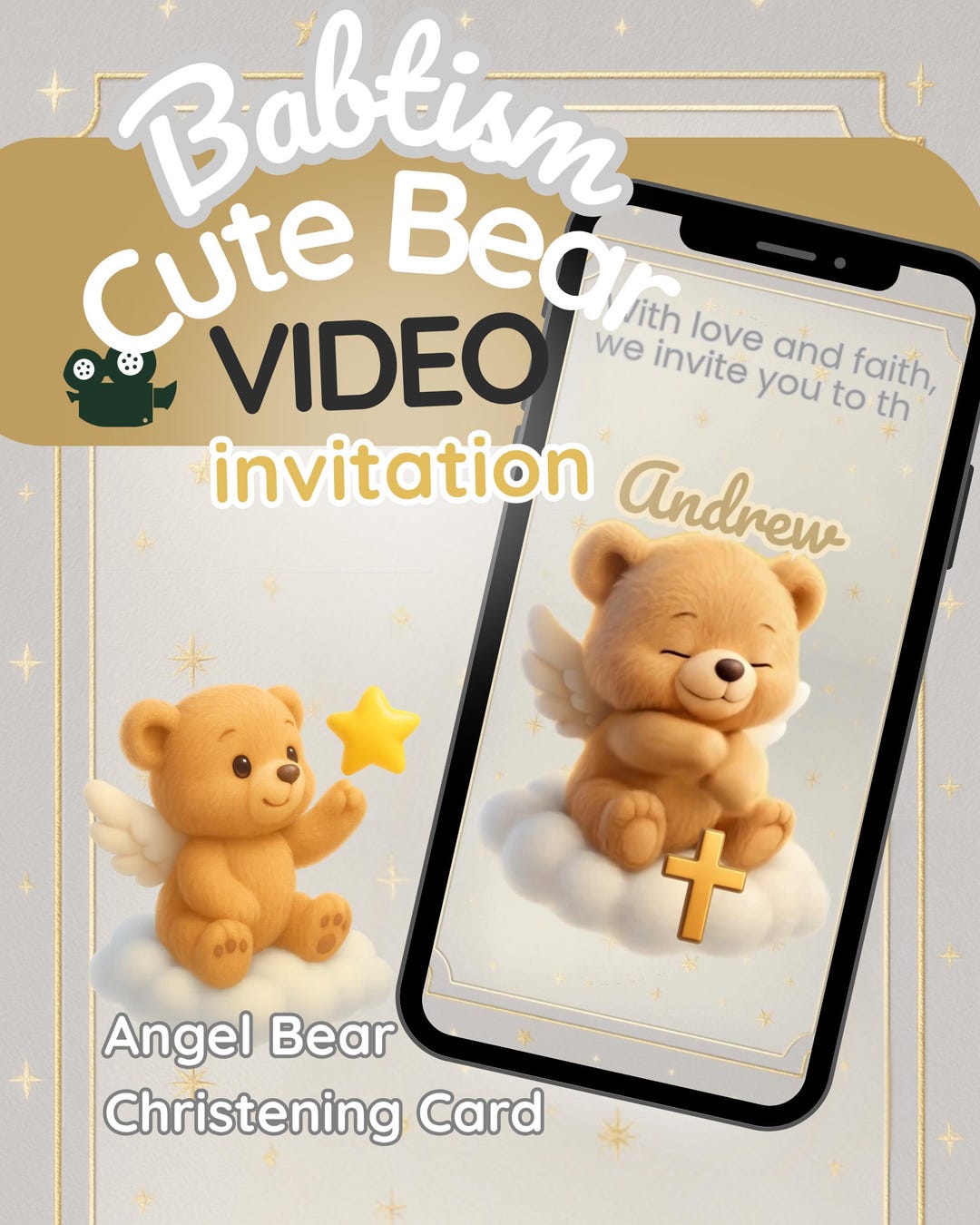 Angel Bear Baptism Video Invite – Customizable With Gold Cross Design ...