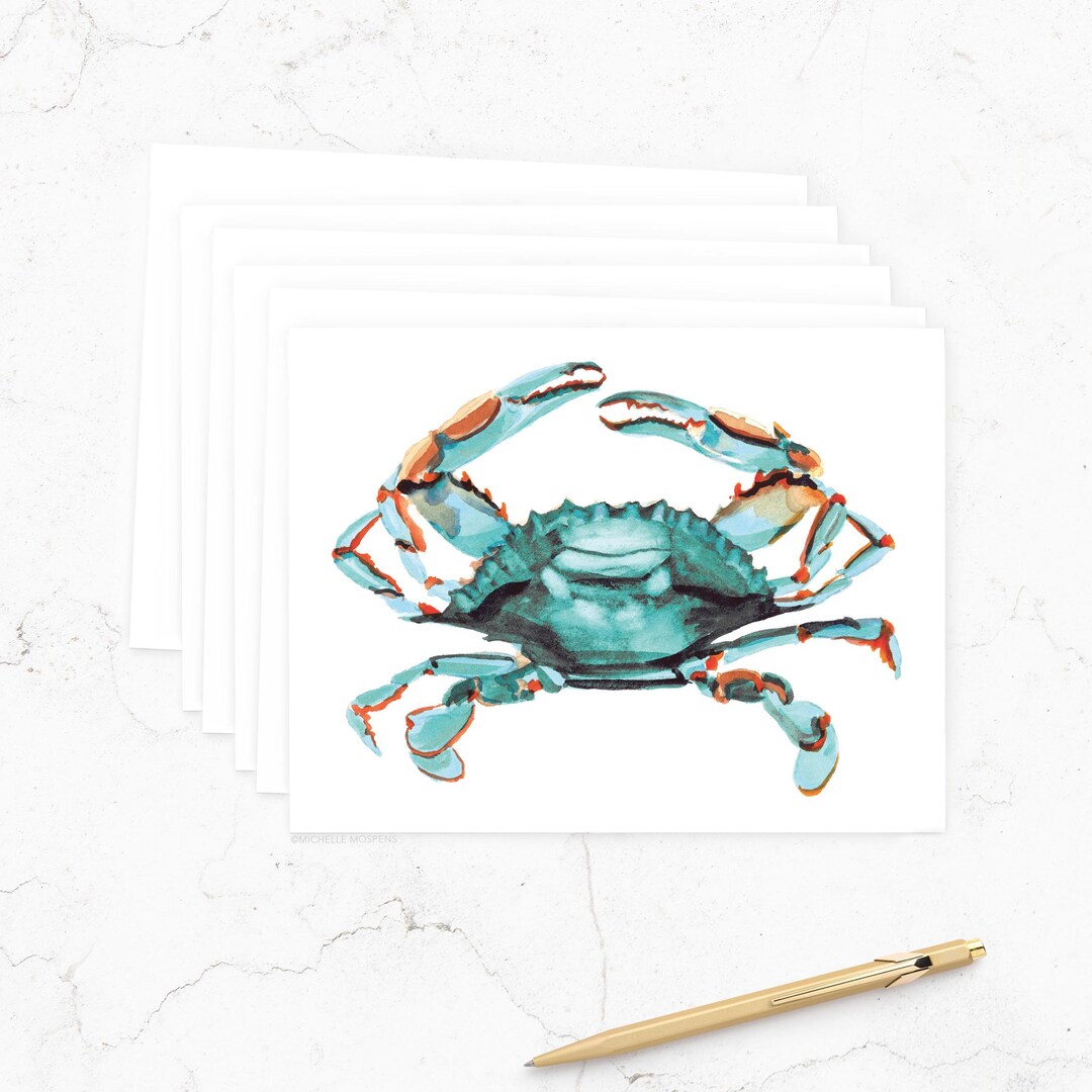 Set of Illustrated Crab Note Cards: Seaside Watercolor Teal Green Crab ...